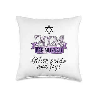 2024 Bar Mitzvah Gifts & Decorations For Boys 2024 Bar Mitzvah I Pride & Joy I White Purple Banner Decor Throw Pillow, 16x16, Multicolor