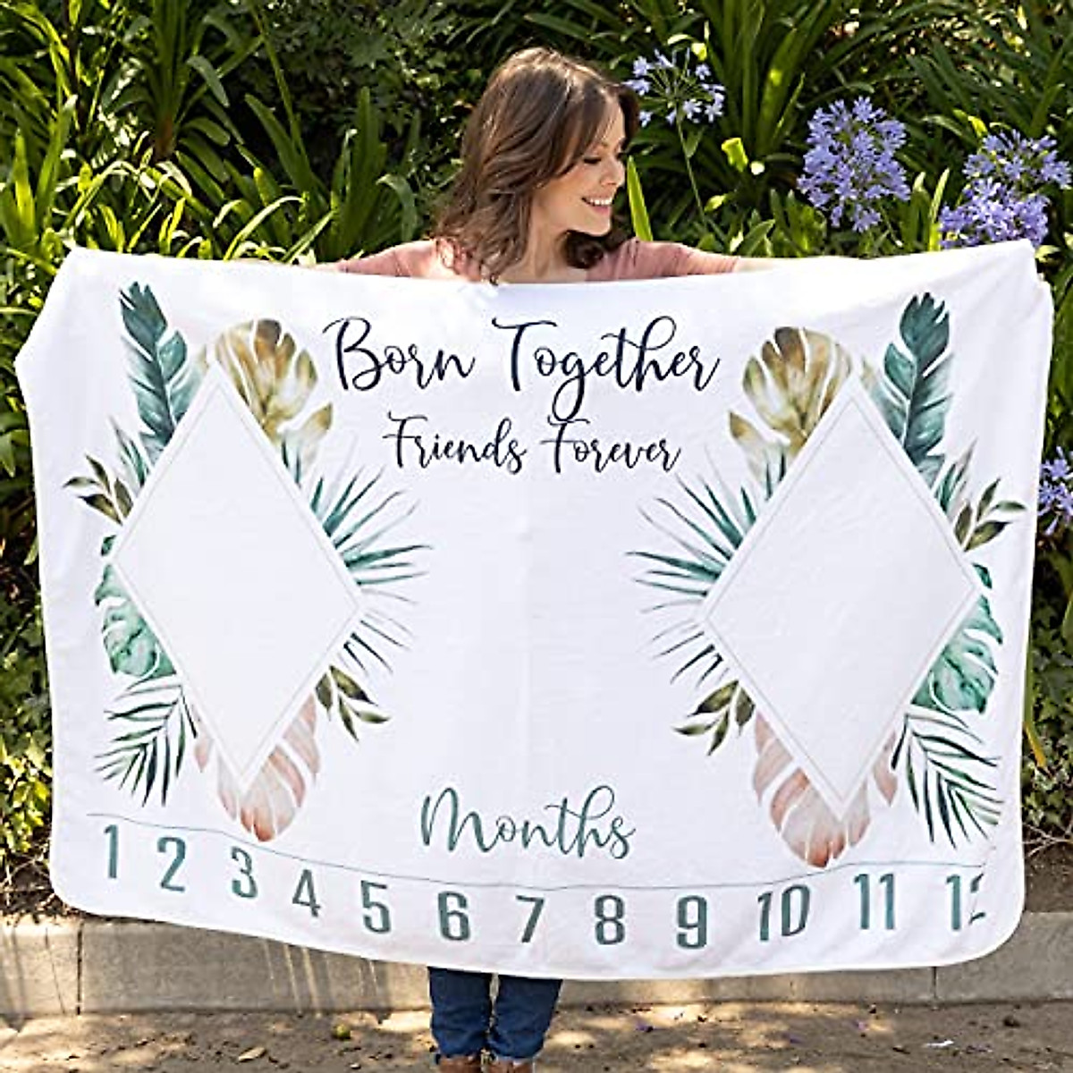 NovaaLife Twins Monthly Milestone Blanket with Boho Beads Frame & Proud Mom's Sticker - Unisex Twins Babies Essentials - 40 x 60 Large Flannel Blanket, Photography Backdrop Photo Prop for Boy & Girl