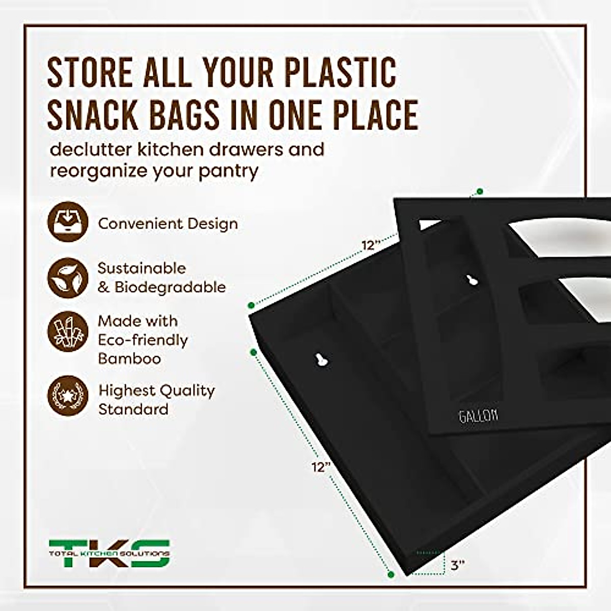 Ziplock Bag Organizer, Bamboo Kitchen Drawer Organizer, Drawer Divider for Snack, Sandwich & Gallon Bags, Kitchen Organizer with 60 Zip Lock Bags, 12x12 inch Box, Black -Total Kitchen Solutions