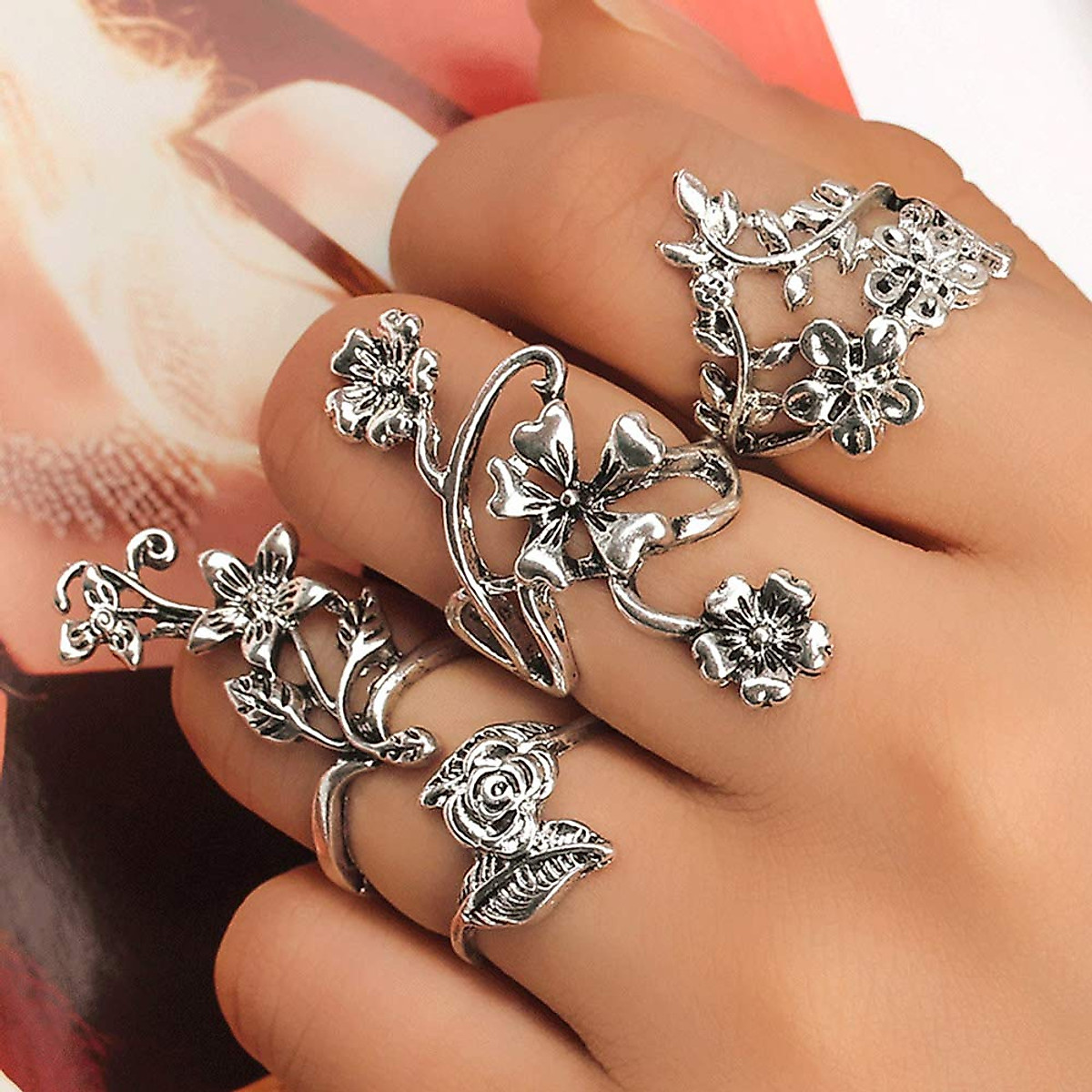 SEniutarm Engagement Love Rings Wedding Bands 4Pcs Women Vintage Stereo Flower Leaves Midi Finger Knuckle Rings Set Jewelry for Women/Girl Finger Rings DIY Jewelry Gifts - Silver