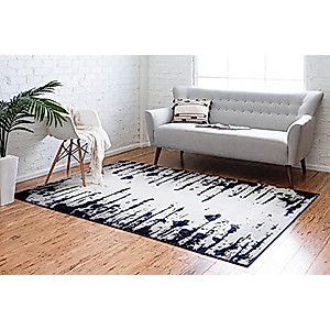 Unique Loom Metro Collection Modern Abstract Vintage Ink Blot Striped Area Rug, 5' 0" x 8' 0", Ivory/Navy Blue