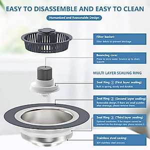 Kitchen Sink Drain Strainer, 3-in-1 304 Stainless Steel Sink Drain Stopper with Strainer Basket, Pop Up Anti-Clogging Odor Filter for 3-1/2 Inch Standard Kitchen Drain, 2 Pack