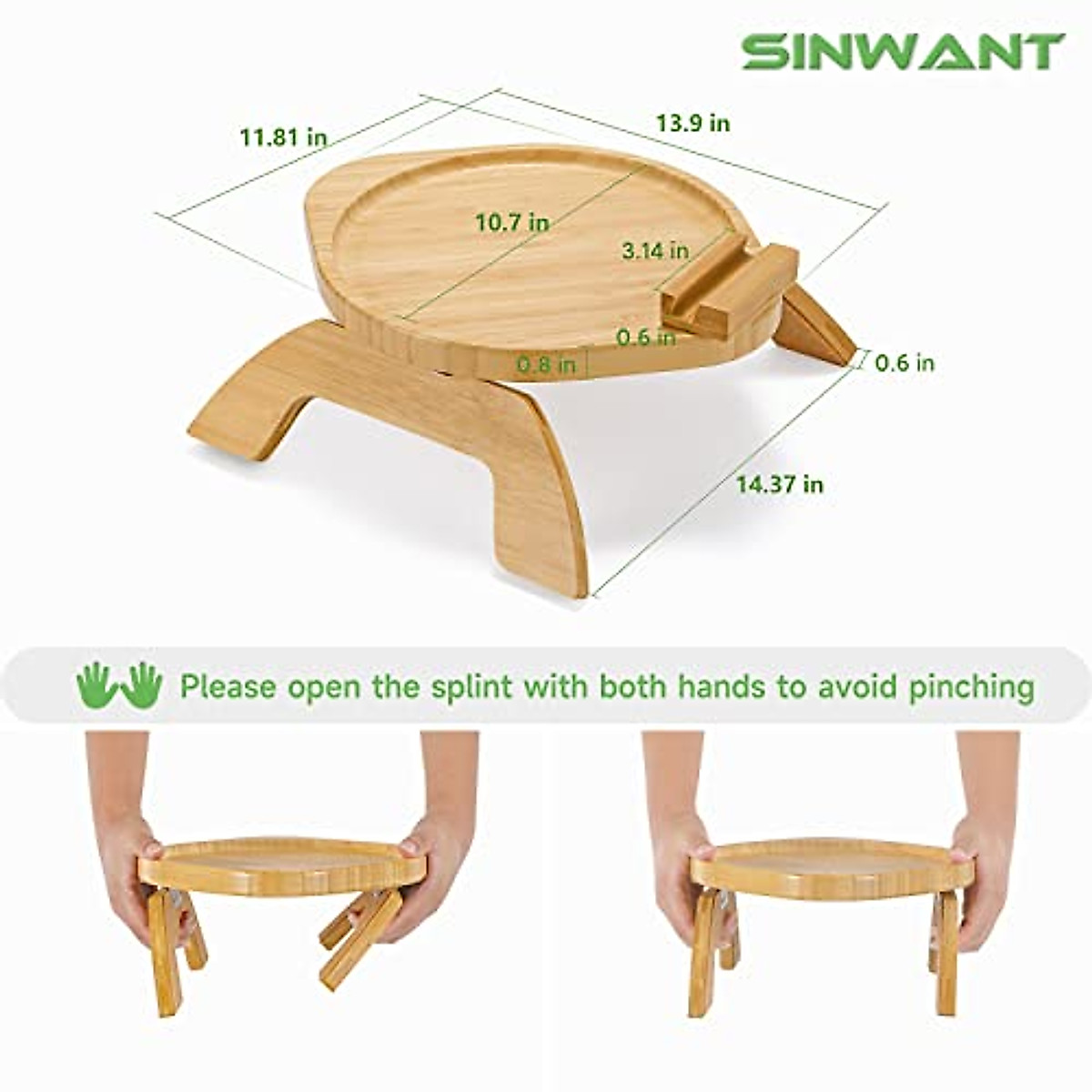 SINWANT Sofa Arm Clip on Tray Table,Bamboo Sofa Armrest Tray with 360° Rotating Phone Holder,Couch Arm Table Tray for Arm, Sofa Tables for Drinks Eating Snacks Table
