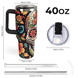 HJUQNGF 40 Oz Personalized Tumbler with Handle And Straw Colorful Sugar Skull Stainless Steel Insulated Tumblers Reusable Car Thermal Cup Travel Coffee Mug for Women Men