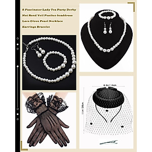 Bniksok Black Fascinators Hats with Veil for Women Vintage Halloween Pillbox Hat 1920s 50s Gatsby Cocktail Tea Party Headwear, Lace Gloves Pearl Necklace