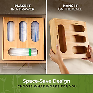 Food Storage Bag Organizer, Plastic Bag Organizer - Bamboo Monoblock Design Baggie Organizer for Drawer with Labels Included, Sandwich Bag Organizer, Quick Refill Slider, by Woodenhouse