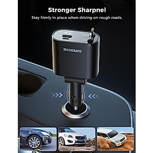 【Upgraded】 SUPERONE Retractable Car Charger 4 in 1, Fast Car Phone Charger with Cord 2.6ft, USB C and Lightning Car Charger Adapter, Compatible with iPhone 15/15 Pro Max/14/13/12/11, Galaxy, Pixel