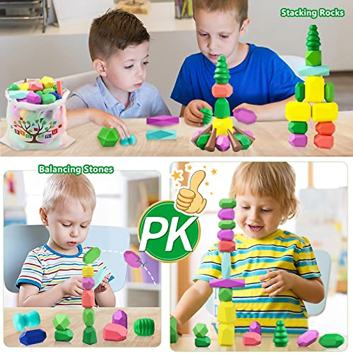 Toys for 3 Year Old Boys Girls, 36 PCS Colorful Wooden Sorting Stacking Rocks, Sensory Toys for Toddlers 3-4 Montessori Building Blocks for Kids Ages 4-8, Preschool Learning Activities for Home School