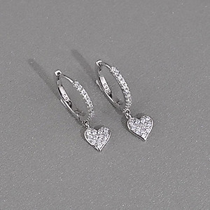CZ Love Heart Dangle Hoop Earrings 925 Sterling Silver Sparkling Crystal Rhinestone Small Huggie Hoops Cartilage Earring Dangling Drop Hinged Earringfor Women