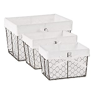DII Farmhouse Chicken Wire Storage Baskets with Liner, Set of 3, Vintage Bleached White, Assorted Sizes, 3 Piece