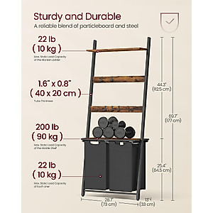 VASAGLE Laundry Basket, 2-Section Laundry Hamper with Blanket Ladder, Pull-Out and Removable Liners, Shelf, 5 Hooks, 2 x 12.1 Gallons, 28.7 x 13 x 69.7 Inches, Rustic Brown and Black UBLH221B01
