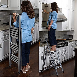 BirdRock Home 3-Step Slim Aluminum Step Ladder - Sturdy Thin Folding Stool - 3 Anti-Slip Steps - Wide Platform - Great for Your Kitchen, Pantry, Closets, or Home Office - Indoor Stool - Silver