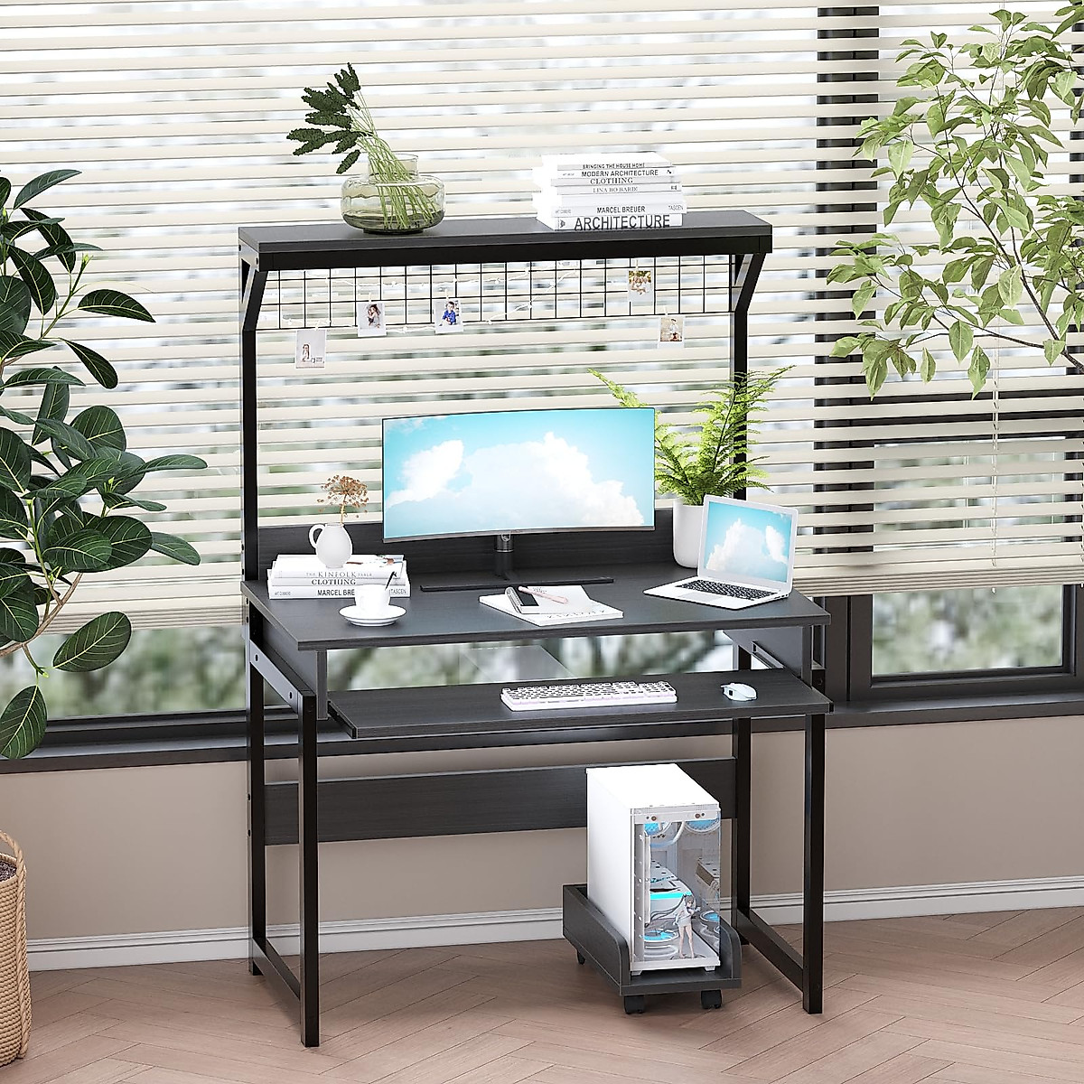 Computer Desk with Hutch and Storage Shelves, Home Office Study Writing Desk, Small Computer Desk for Small Space, Laptop Desk with Keyboard Tray for Bedroom