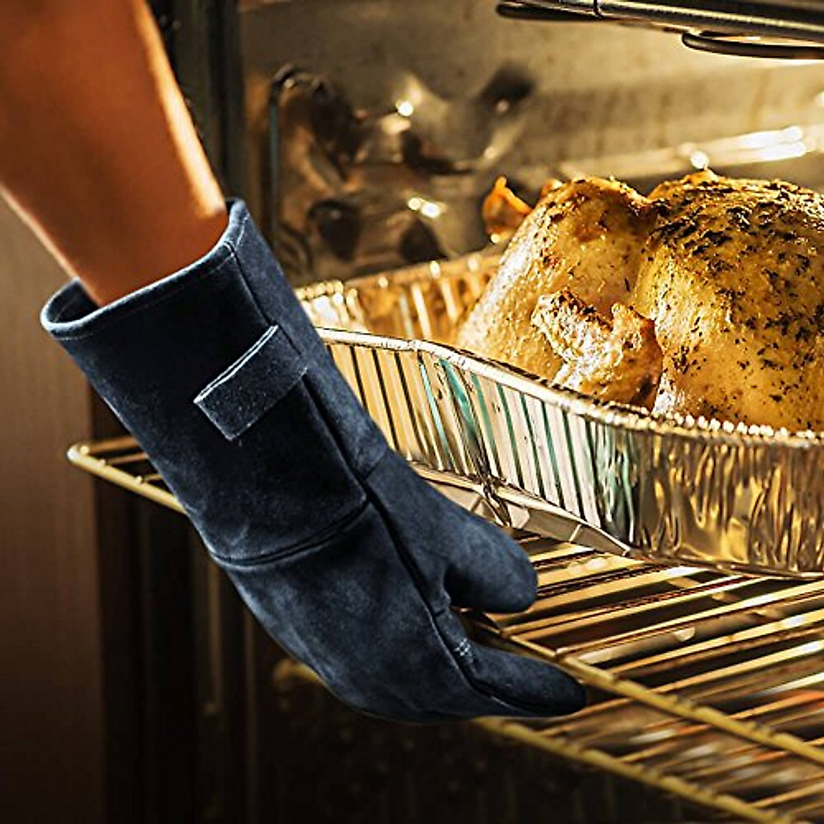 OZERO 932℉ Forge Welding Gloves 14-inch Heat Resistant Leather Grill BBQ Glove with Flame Retardant Long Sleeve and Insulated Lining for Men and Women Gray