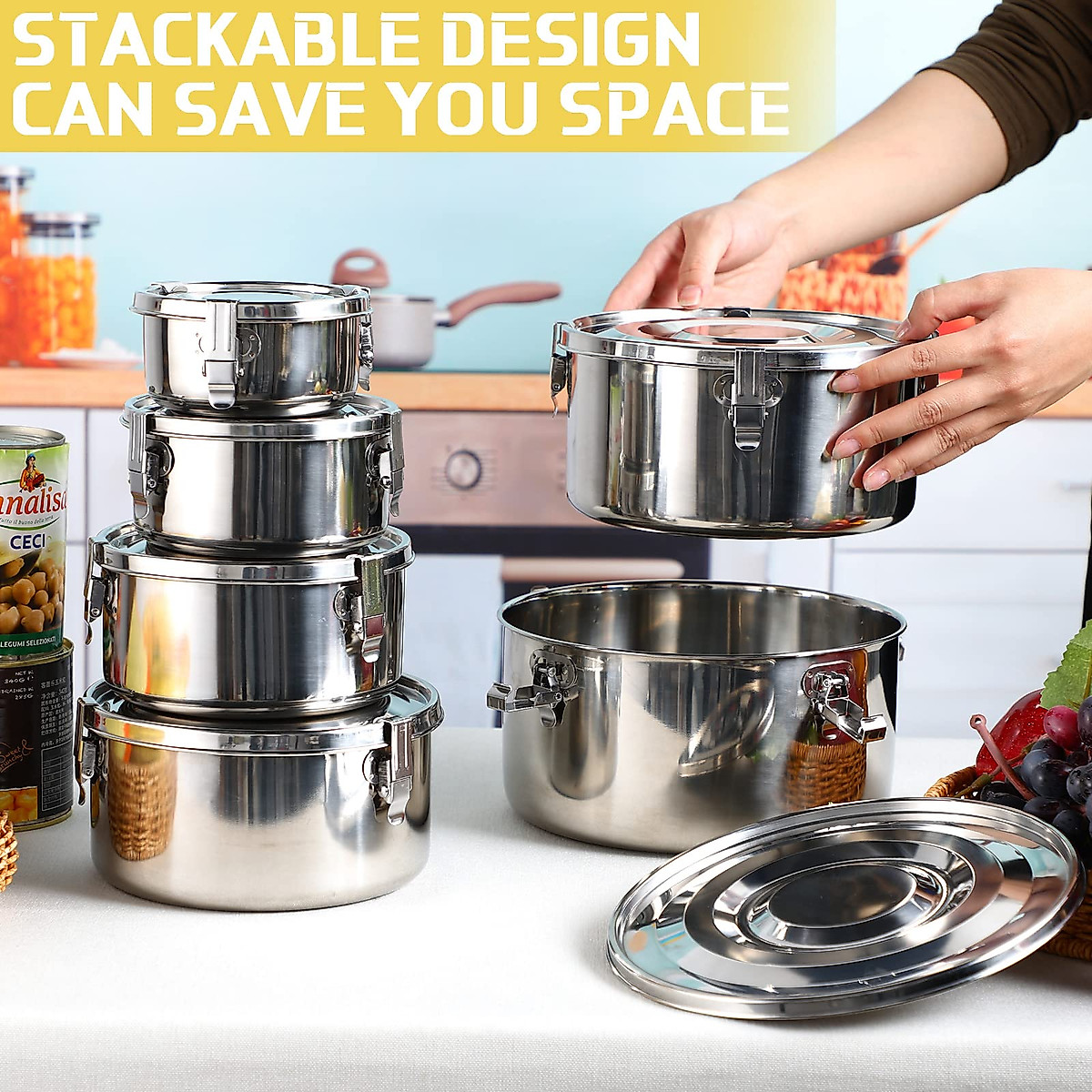 6 Pieces Stainless Steel Food Storage Containers Snack Lunchbox Metal Containers with Lid for Kids Flour Sugar Canisters Smell Proof Stackable Leakproof for Camping Trip Picnic Soup Salad Leftover