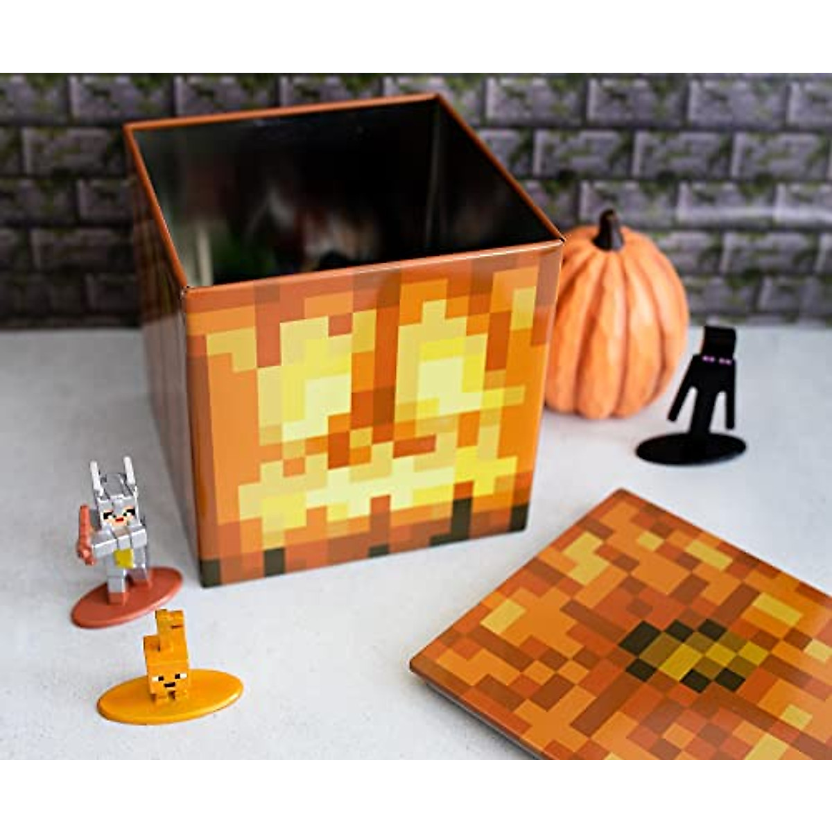 MINECRAFT Jack O'Lantern 4-Inch Tin Storage Box Cube Organizer with Lid | Basket Container, Cubby Cube Closet Organizer, Home Decor Playroom Accessories | Video Game Toys, Gifts And Collectibles