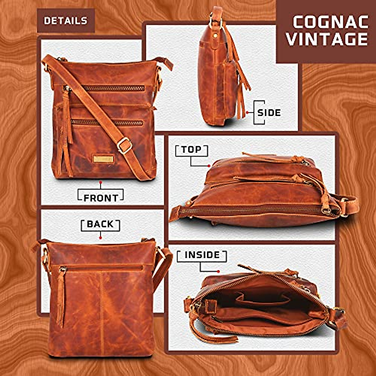 VALENCHI Genuine Leather Crossbody Bag with front Metal Zipper Pockets and long handle - Handmade