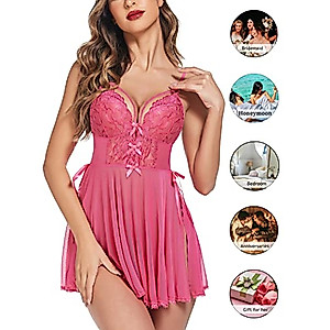 Avidlove Lace Lingrie Women V Neck Babydoll Strap Chemise Sexy Sleepwear Nighgown Side Spilt Nightwear Boudior Nighty Rose Red