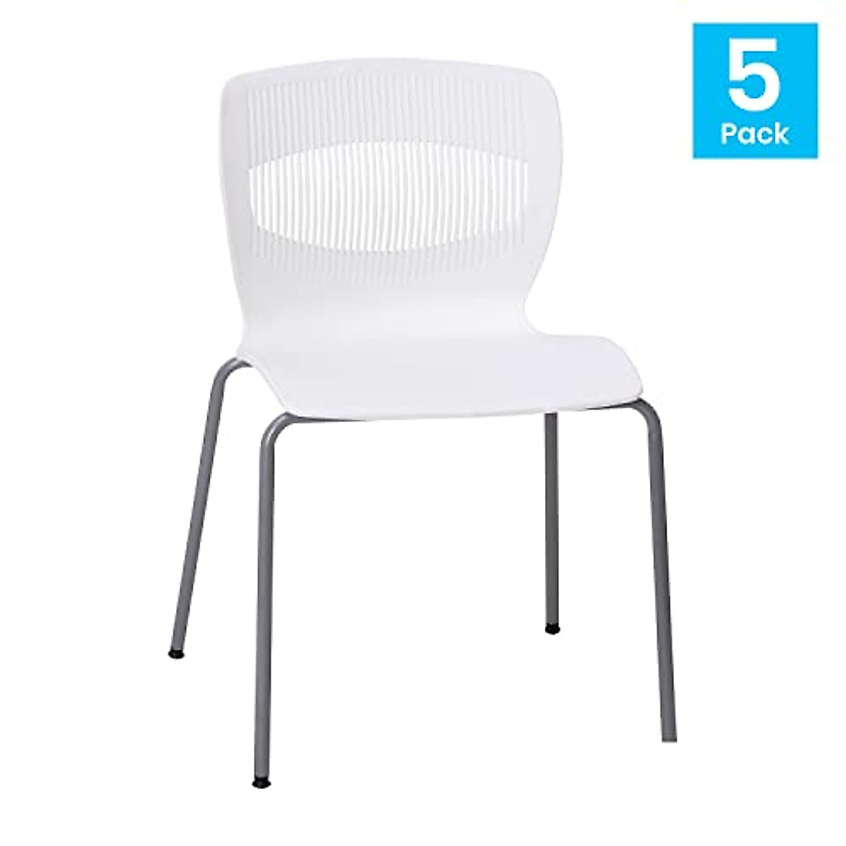 Flash Furniture Hercules Series Set of 5 Commercial Stack Chair - Roomy Wide 770 lb. Capacity - Lumbar Support - Durable Plastic - Silver Steel Frame - White