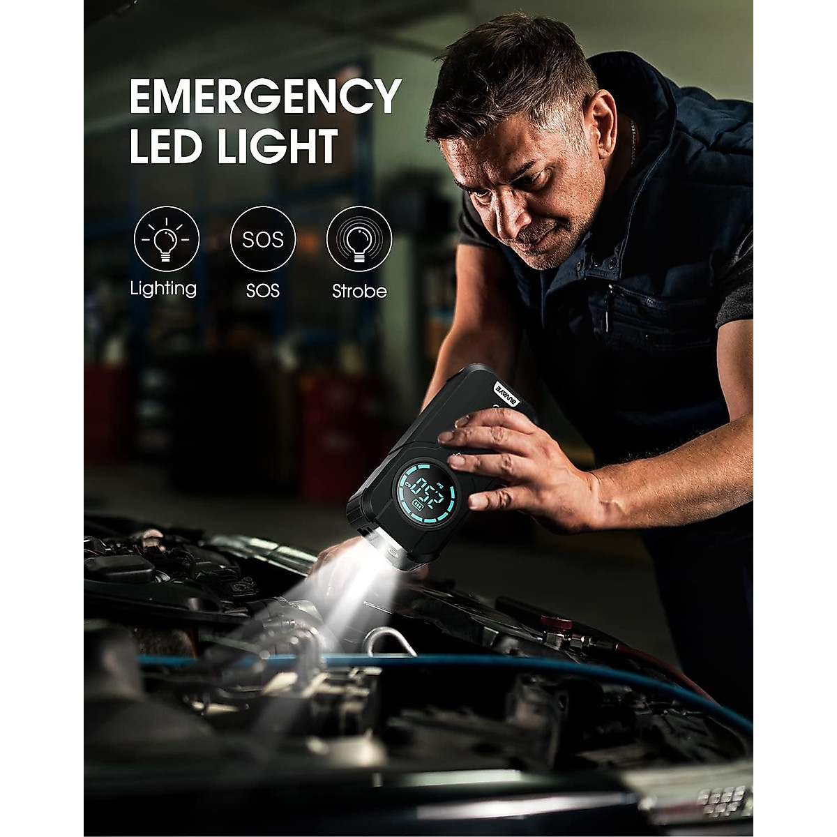 BUVAYE Portable Car Jump Starter with Air Compressor, 2000A Battery Jump Starter with 150PSI Digital Tire Inflator, Up to 7L Gas & 5L Diesel Engines, 12V Safe Lithium Car Battery Charger Jump Starter