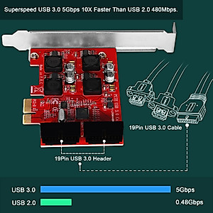 LTERIVER PCIE to 2X 19Pin USB 3.0 Header, PCIE Superspeed USB 3.0 5Gbps Expansion Card for Windows 11, 10, 8.1, 8, 7, XP (32/64bit) Desktop PCs, Built in Smart Power Control Technology (PCE-IN4)