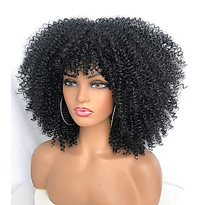 RunM Short Curly Afro Wig With Bangs for Black Women Kinky Curly Hair Wig Afro Synthetic Full Wigs（Black）