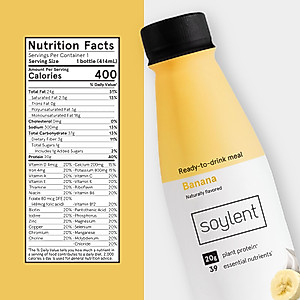 Soylent Banana Meal Replacement Shake, Ready-to-Drink Plant Based Protein Drink, Contains 20g Complete Vegan Protein and 1g Sugar, 14oz, 12 Pack