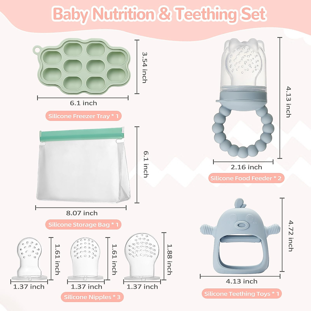 WEST STORY Baby Feeding & Teething Kit, Includes Breastmilk Popsicle Molds, 2 Baby Fruit Food Feeders Pacifiers, 3 Extra Food Pouches, Silicone Teething Toys & Storage Bag for Infant Newborn, BPA Free