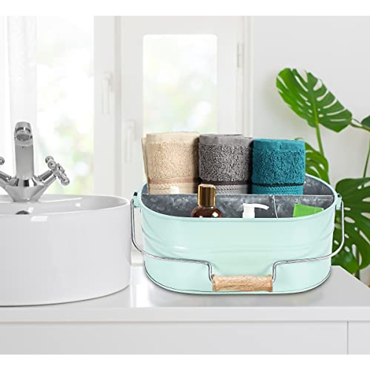 Goroly Home Large Utensil Holder For Kitchen Countertop, Dinner Table, Rustic Farmhouse Caddy For Décor, Metal Galvanized Utensils, Spatula, Spoons, Knives, Forks Organizer - Aqua