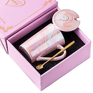 KEYIGOU 13.5oz Marble Coffee Mugs with Lid Gold Spoon Pearly Ceramic Tea Cup Cute Mugs for Women Mom Friend Gifts