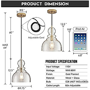 FookChak Gold Pendant Light, Modern Glass Pendant Lighting Over Table 10inch Large Brass Ceiling Haning Light Fixture for Kitchen Island Kitchen Sink Dining Room Hallway Entrance, 1-Light E26