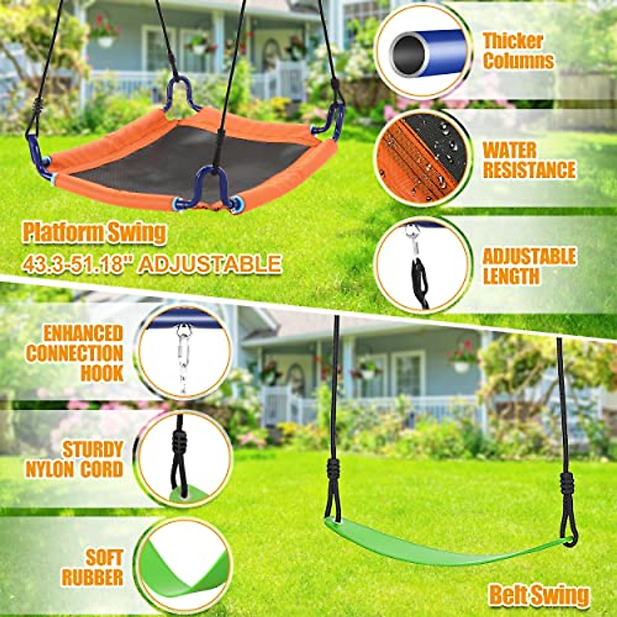 Swing Sets for Backyard 550 lbs - 6 in 1 Multifunction Kids Swing Set Outdoor Heavy Duty Extra Large Metal Swing Frame with 3 Adjustable Swing Climbing Net Climbing Ladder Basketball Hoop