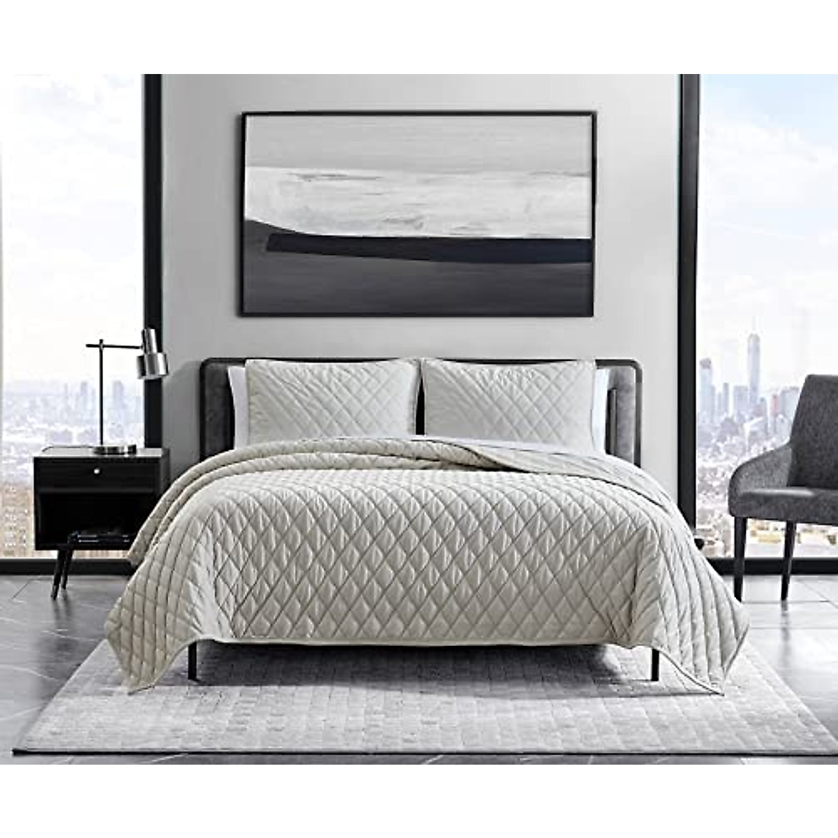 Vera Wang - King Quilt Set, Luxurious Velvet Bedding with Matching Shams, Lightweight Home Decor (Diamond Velvet Natural Ivory, King)