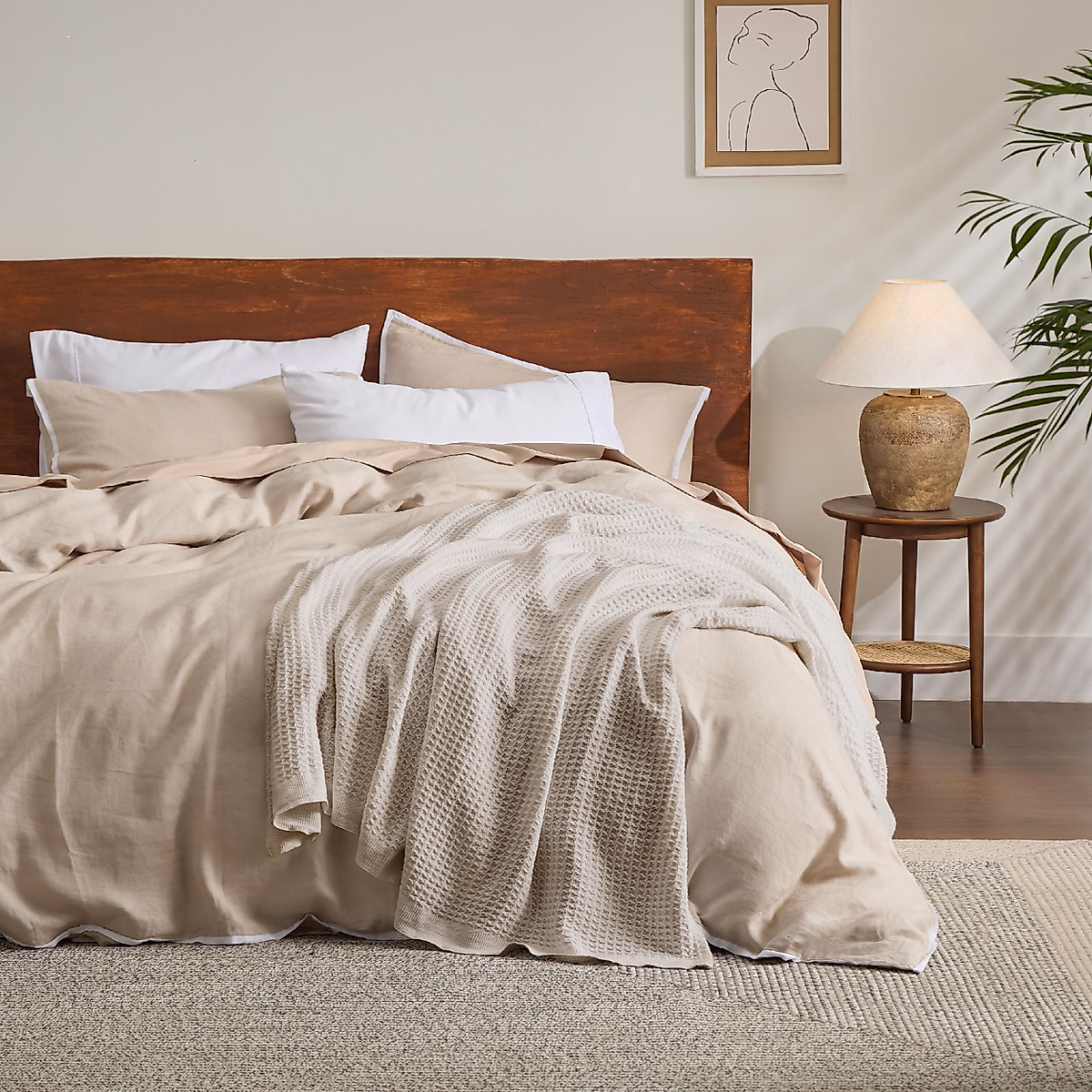 Bedsure 100% Cotton Blankets King Size for Bed - Waffle Weave Blankets for Summer, Lightweight and Breathable Soft Woven Blankets for Spring, Light Beige/Linen, 104x90 inches