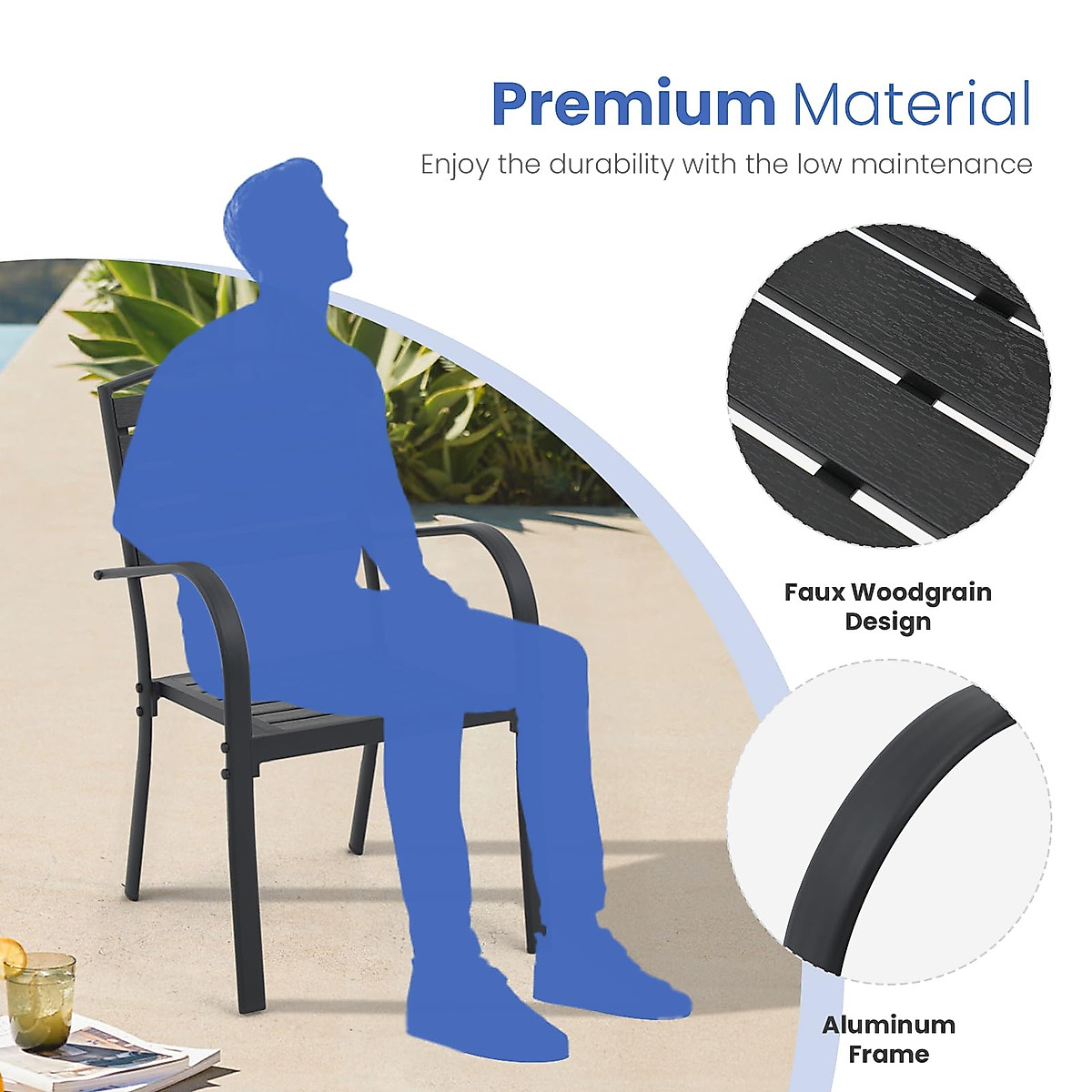 SUNSITT Patio Dining Chairs Set of 4, Aluminum Outdoor Dining Chairs with Faux Wood Slats, All-Weather Stackable Patio Chairs w/Armrests for Lawn, Porch, Garden and Deck, Black