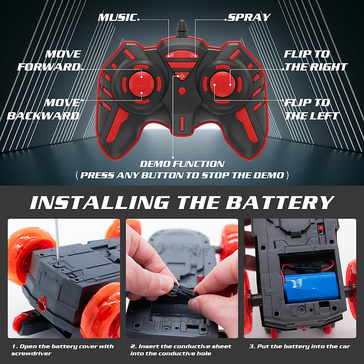 【2023 Latest Model】Remote Control Car, RC Cars with Electromagnetic Light-up Tires, 2.4Ghz 360° Rotating and Tumbling RC Stunt Car with Music&Simulated Engine Sound,Toy Car for Boys 4-7,8-12,Xmas Gift