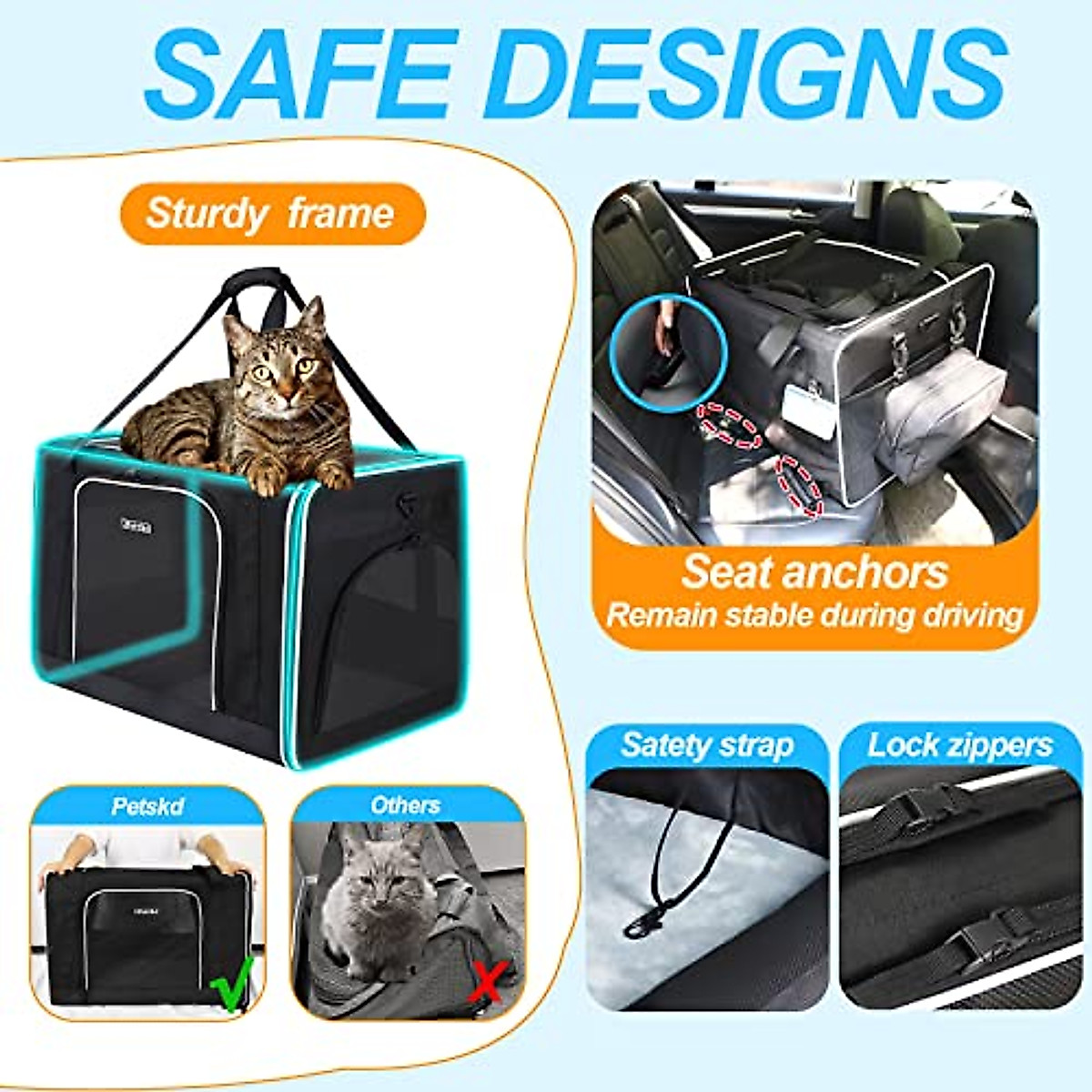 Petskd Large Pet Carrier 24"x17"x17" for Large Cats, Pet Carrier for 2 Cats or Medium Dog, Cat Carrier for Car Travel with Litter Box and Bowl, Cat Soft Carrier with Locking Safety Zipper