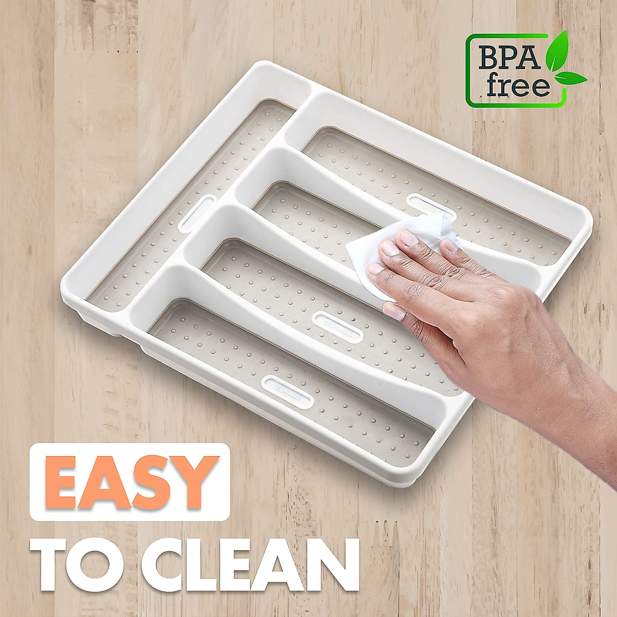 JINAMART Silverware Organizer Tray, Kitchen Utensils Holder and Cutlery Tray with Grooved Drawer Dividers, 5-Compartments Kitchen Drawer Organizer, Non-Slip Rubber Feet BPA-Free (5-compartment)