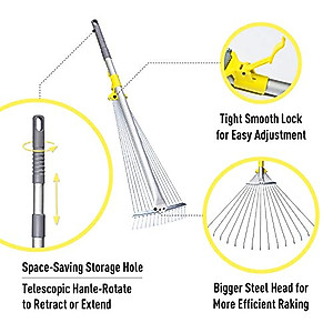 Jardineer Leaf Rake - Garden Rake for Leaves, Adjustable Metal Rake and Yard Rake, Collapsible Lawn Rake with Expandable Head from 7 inch to 23 inch. Ideal Garden Leaf Rake Tools