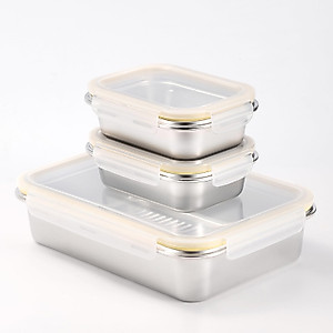 GEEJA 18/8 Stainless Steel Food Storage Containers, Meal Prep Lunch Box, Baking Pan, Stackable Bento Box, Metal Set of 3 (1PC 84oz + 2PC 21oz)