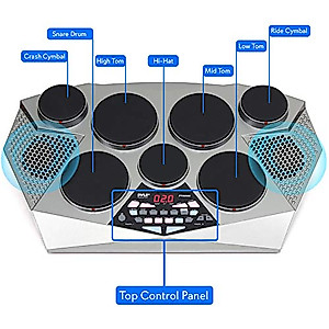 Pyle Pro Electronic Drum kit - Portable Electric Tabletop Drum Set Machine with Digital Panel, 7 Drum Pad, Hi-Hat / Kick Bass Pedal Controller USB AUX -Tom Toms, Hi-Hat, Snare Drums, Cymbals - PTED06