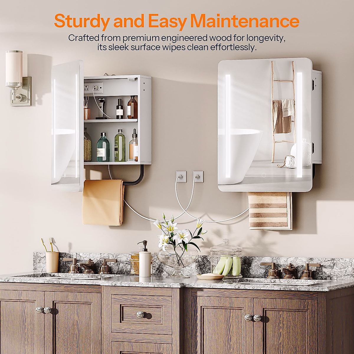 HOOBRO Bathroom Medicine Cabinet with Mirror and Lights, Wall-Mounted Cabinet with Storage, Lighted Medicine Cabinet with LED Lights, Adjustable Shelf, Charging Station, 2 Power Outlets, White