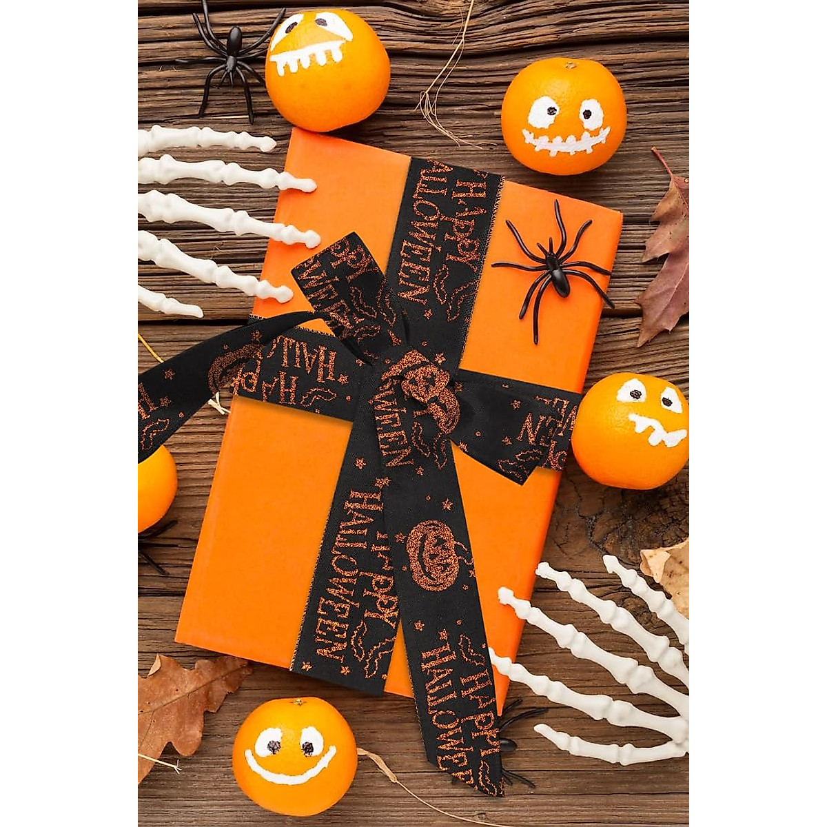 Threetols 2 Rolls 10 Yards Halloween Wired Edge Ribbon, 2.5inch Black Orange Glitter Pumpkin Burlap Ribbon, Orange Velvet Ribbon for Halloween Party DIY Craft Home Wreaths Bow Decor