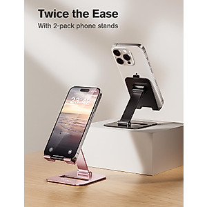 Nulaxy 2 Pack Dual Folding Cell Phone Stand, Fully Adjustable Phone Holder for Desk, Compatible with iPhone 16 15 14 13 12 11, Nintendo Switch, All Phones, Black & Rose Gold