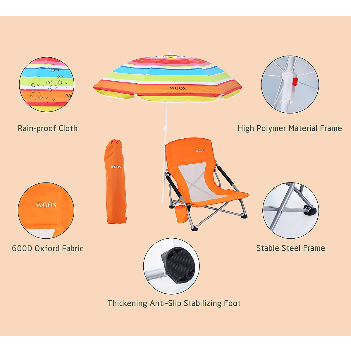 Folding Camping Table Adjustable Card Table 24'' x 16'' (L x W) + Beach Chair with Umbrella for Adults 1-Pack Orange