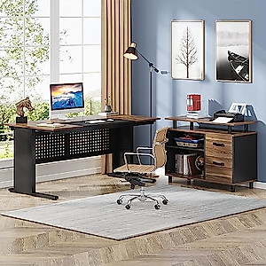LITTLE TREE Large Computer Desk with File Cabinet, 63 Inch Executive Desk L Shaped Office Desk, Business Furniture Desk Workstation for Home Office, Brown and Black