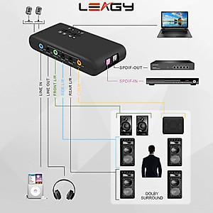 LEAGY USB 7.1 External Sound Card (8-Channel) - 7.1 Channel USB Soundbox - Dynamic 3D Surround Sound - UP to 8 Speakers - Simultaneous Recording and Playback - Analog and Digital Audio Equipment