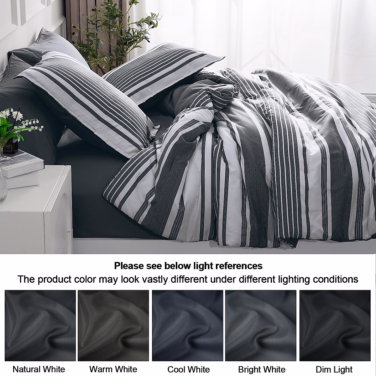 PHF 7 Pieces California King Comforter Set, Striped Bed in A Bag, Charcoal Grey White Bedding & 18" Deep Pocket All Season, Ultra Soft Bedding Sets with Comforter, Sheets, Pillowcases & Shams