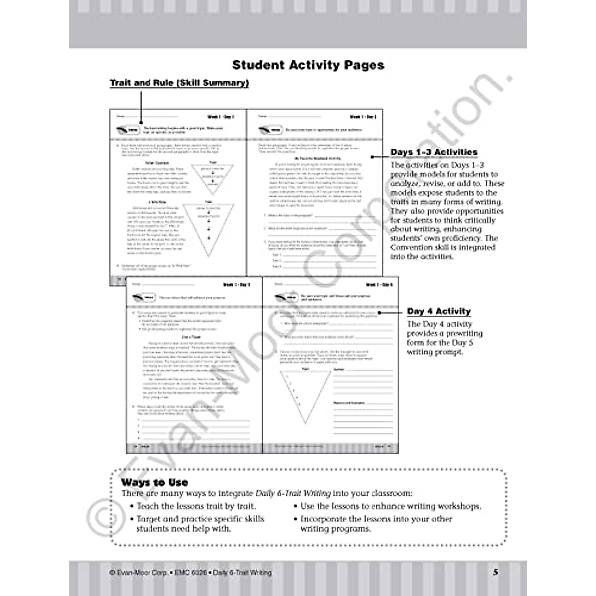 Evan-Moor Daily 6-Trait Writing, Grade 6 Homeschool and Classroom Resource Workbook, Reproducible Worksheets, Teaching Edition, Lesson Plans, Ideas, Organization, Word Choice, Sentence Fluency, Voice
