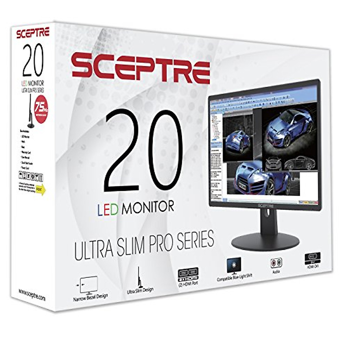 Sceptre 20" 1600x900 75Hz Ultra Thin LED Monitor 2x HDMI VGA Built-in Speakers, Machine Black Wide Viewing Angle 170° (Horizontal) / 160° (Vertical)